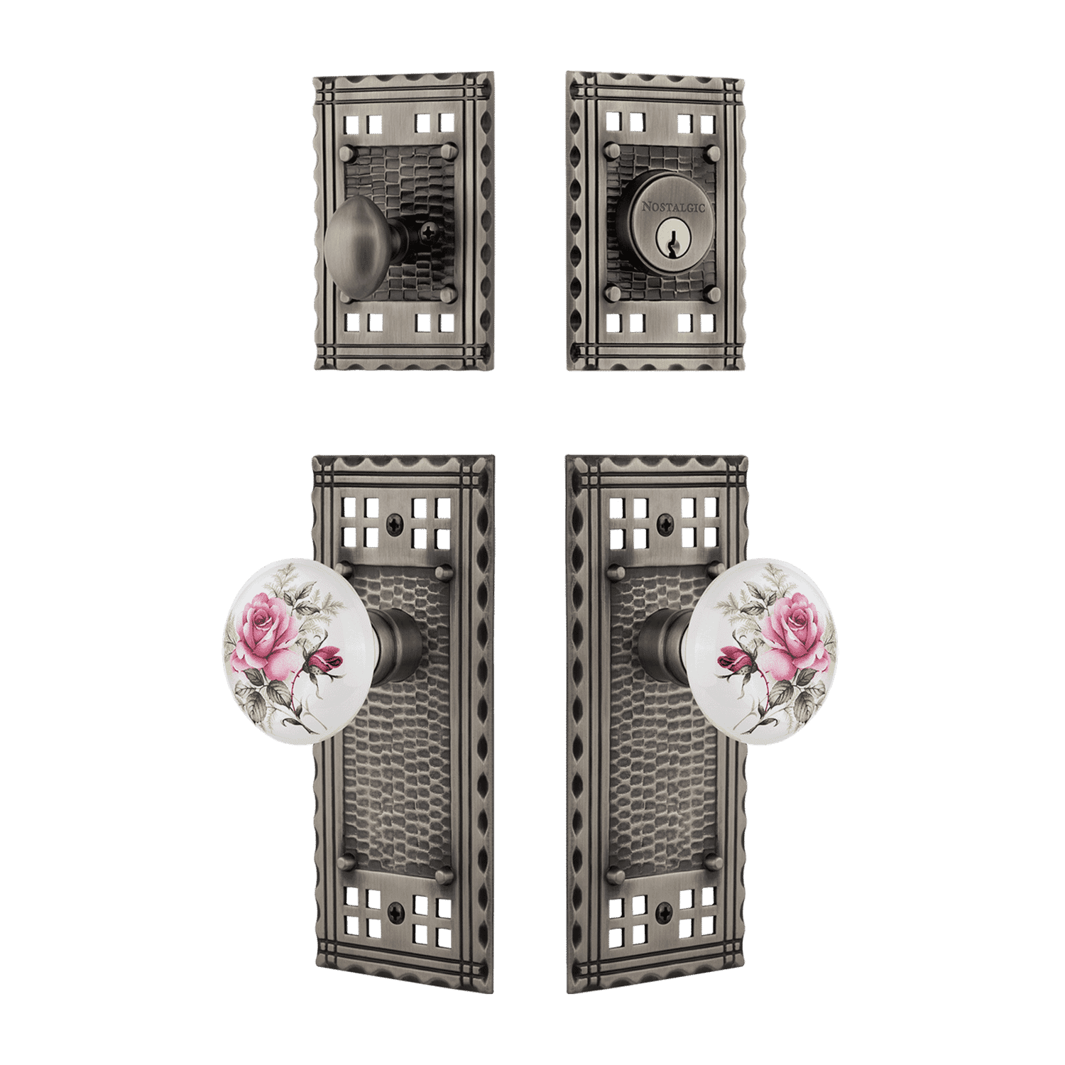 Craftsman Entry Set with White Rose Porcelain Knob in Antique Pewter ...